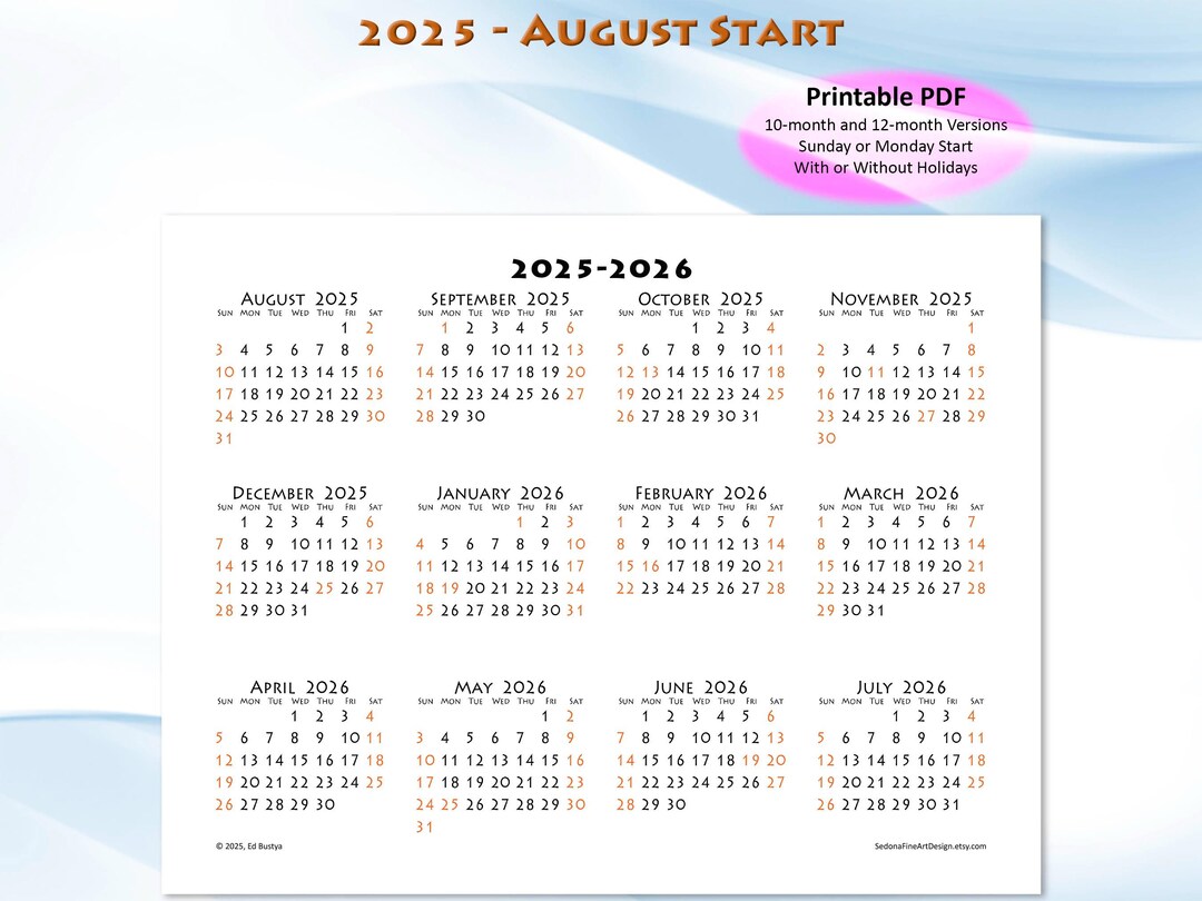 2025-2026 Academic Calendar August Start - Single-page Back-to-school ...