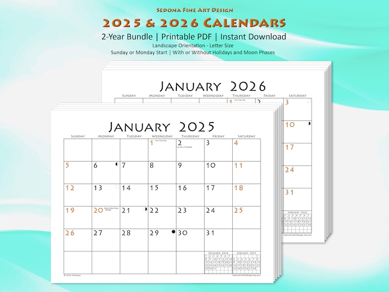 2025-2026 Monthly Calendars - Two Years - Sunday or Monday Start ...