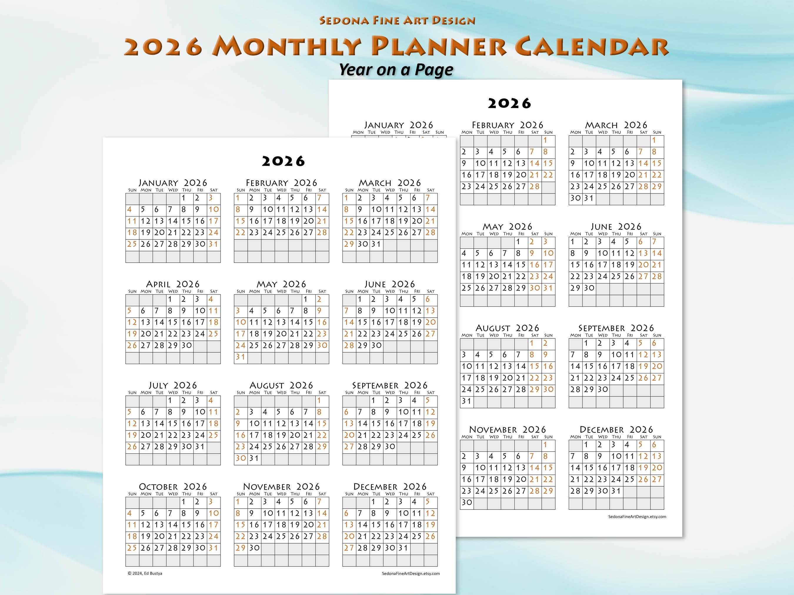 2026 Monthly Planner Calendar, Portrait, Sunday Start or Monday Start ...
