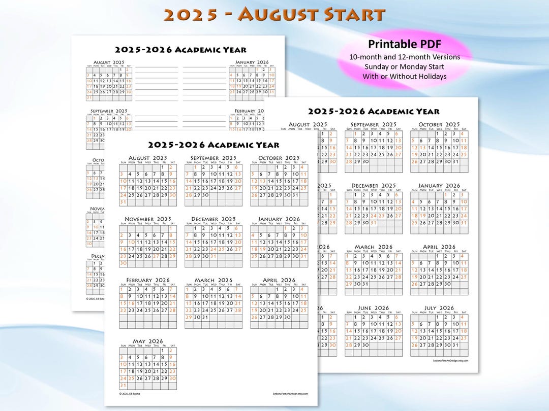 2025 2026 Academic Calendar August Start, Printable Year-on-a-page Back ...