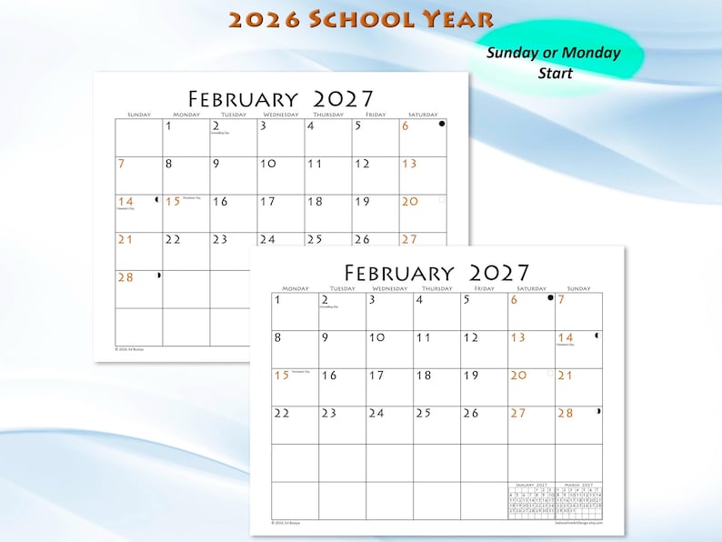 2026-2027 School Year Calendar - Monthly Printable PDF - Sunday or ...