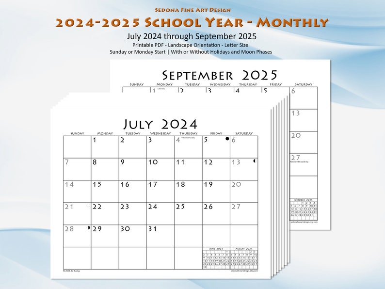 2024-2025 Monthly Calendars for School Year Starting July 2024 Sunday ...