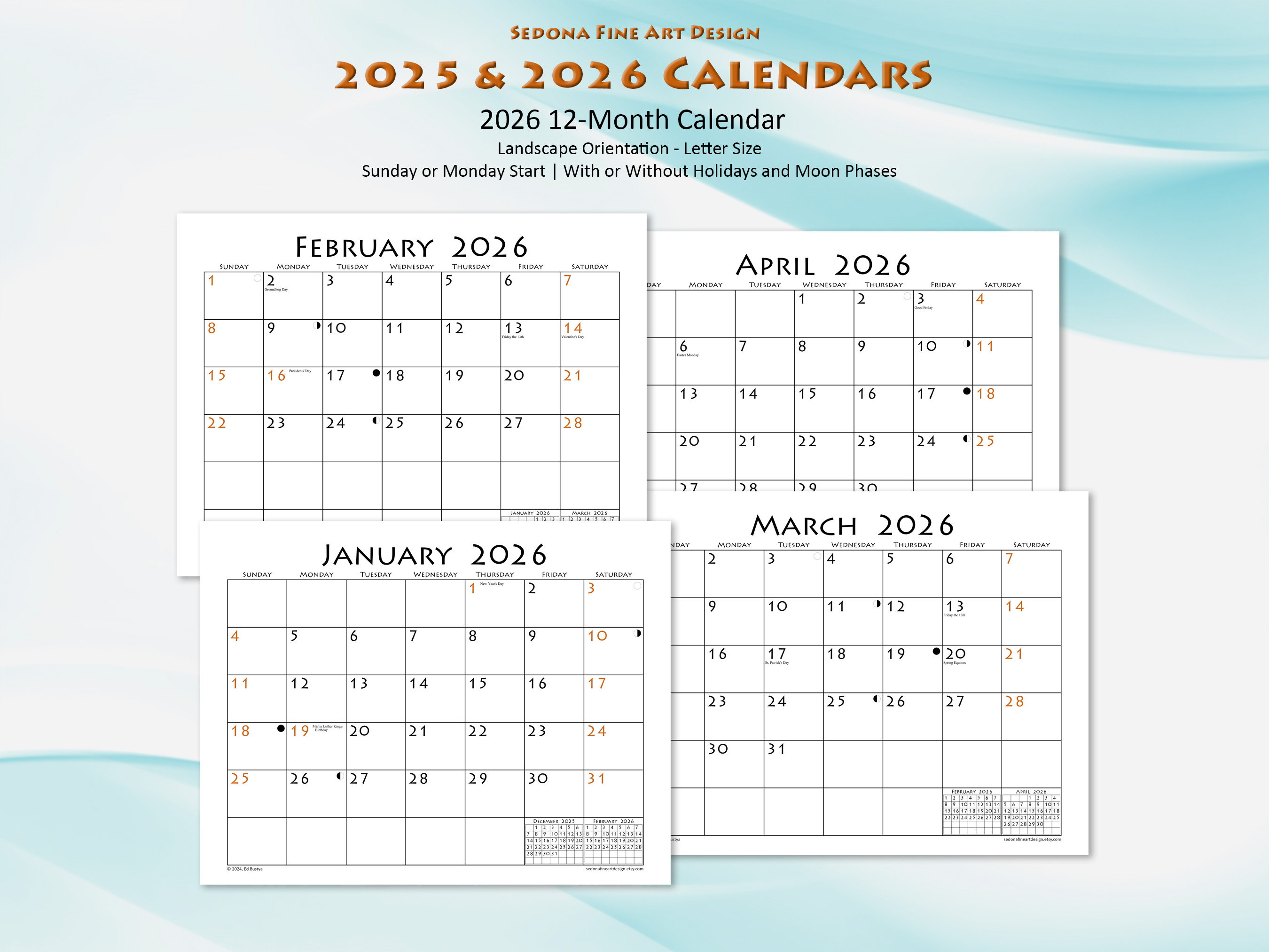 2025-2026 Monthly Calendars - Two Years - Sunday or Monday Start ...