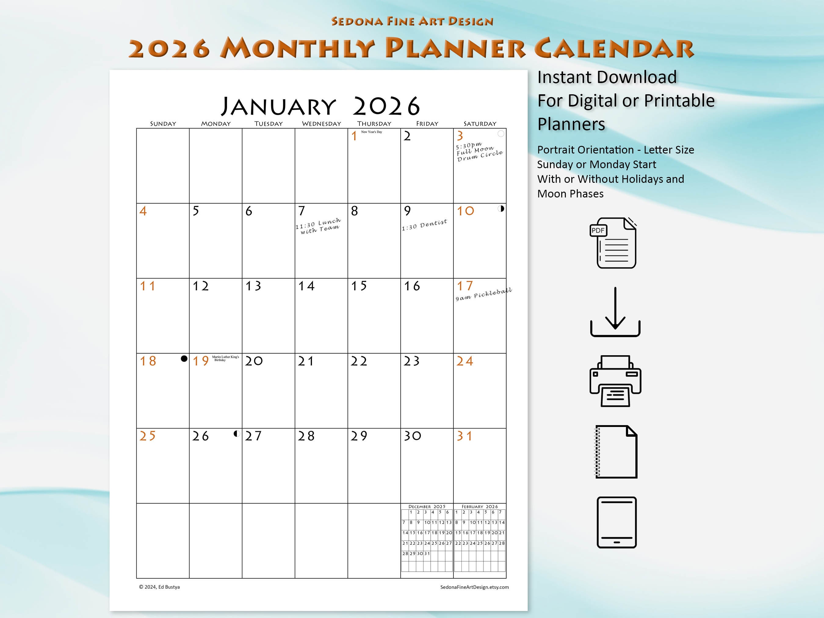 2026 Monthly Planner Calendar, Portrait, Sunday Start or Monday Start ...