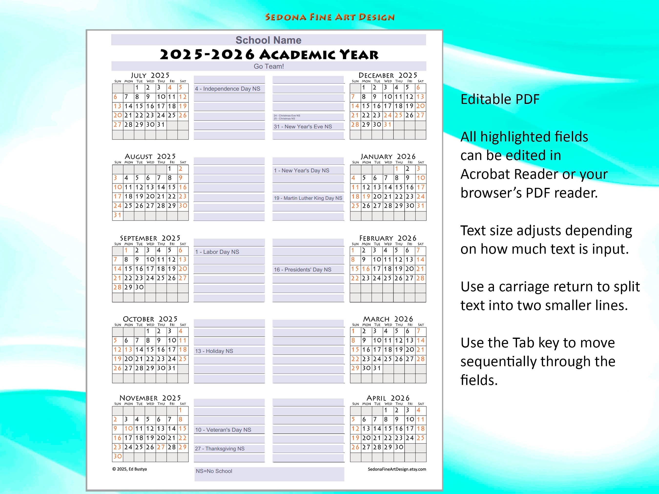 2025-2026 Editable School Year Calendar - July-april, 10-month ...