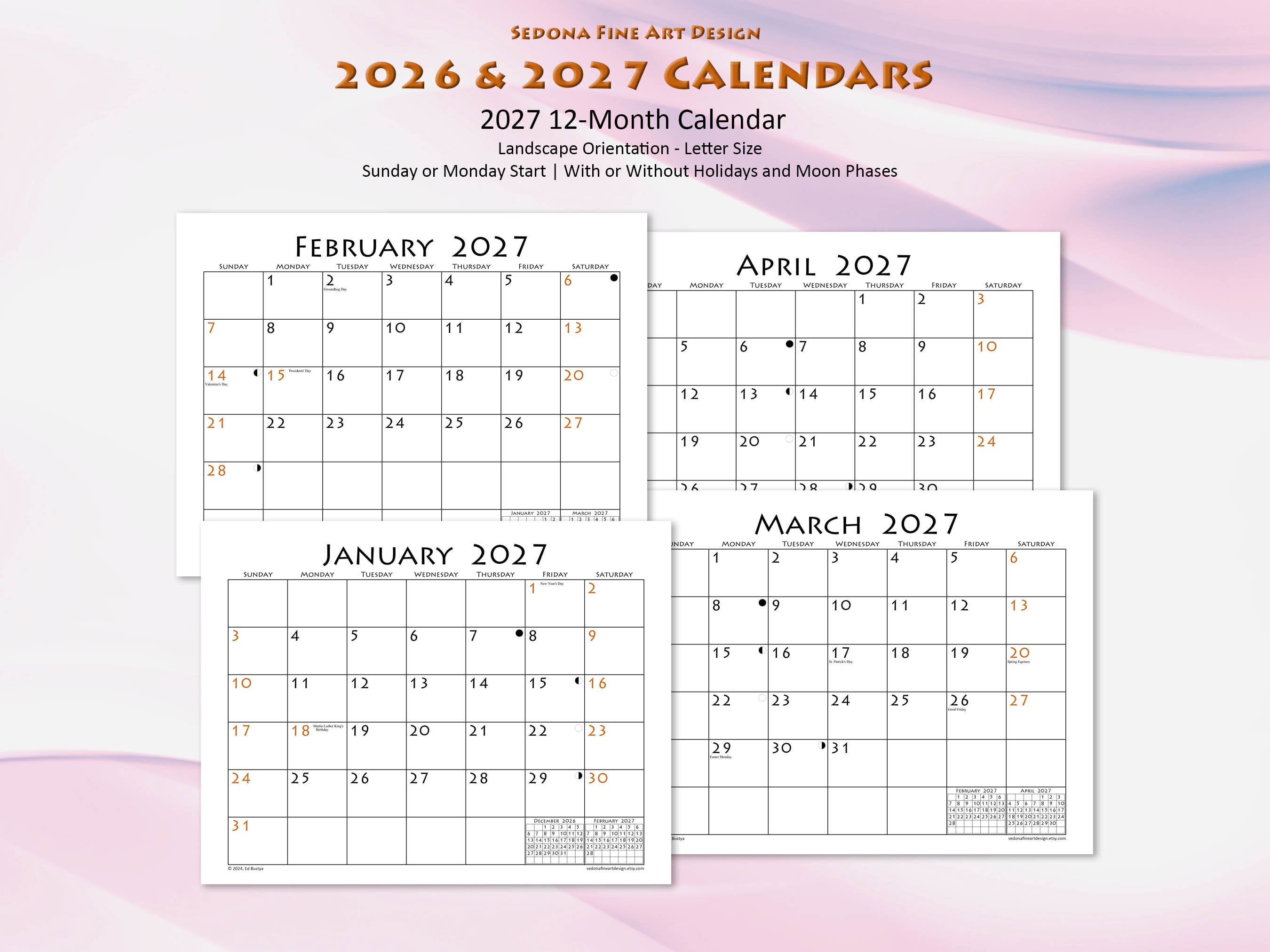2026-2027 Monthly Calendars - Two Years - Sunday or Monday Start ...