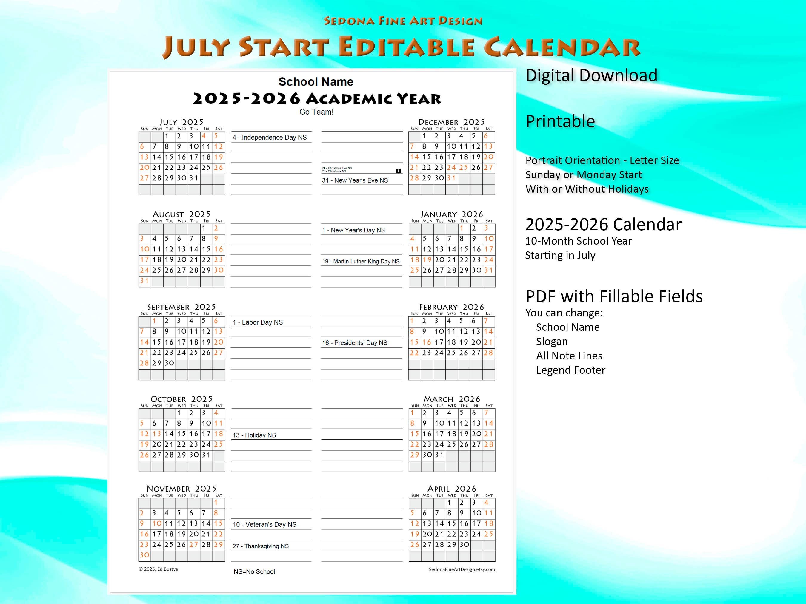 2025-2026 Editable School Year Calendar - July-april, 10-month ...