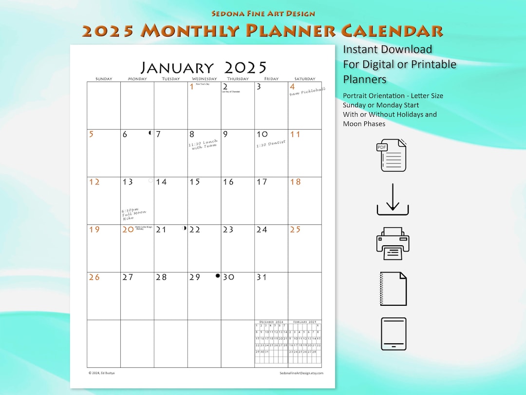 2025 Calendar for Planner, Sunday Start or Monday Start, Digital ...
