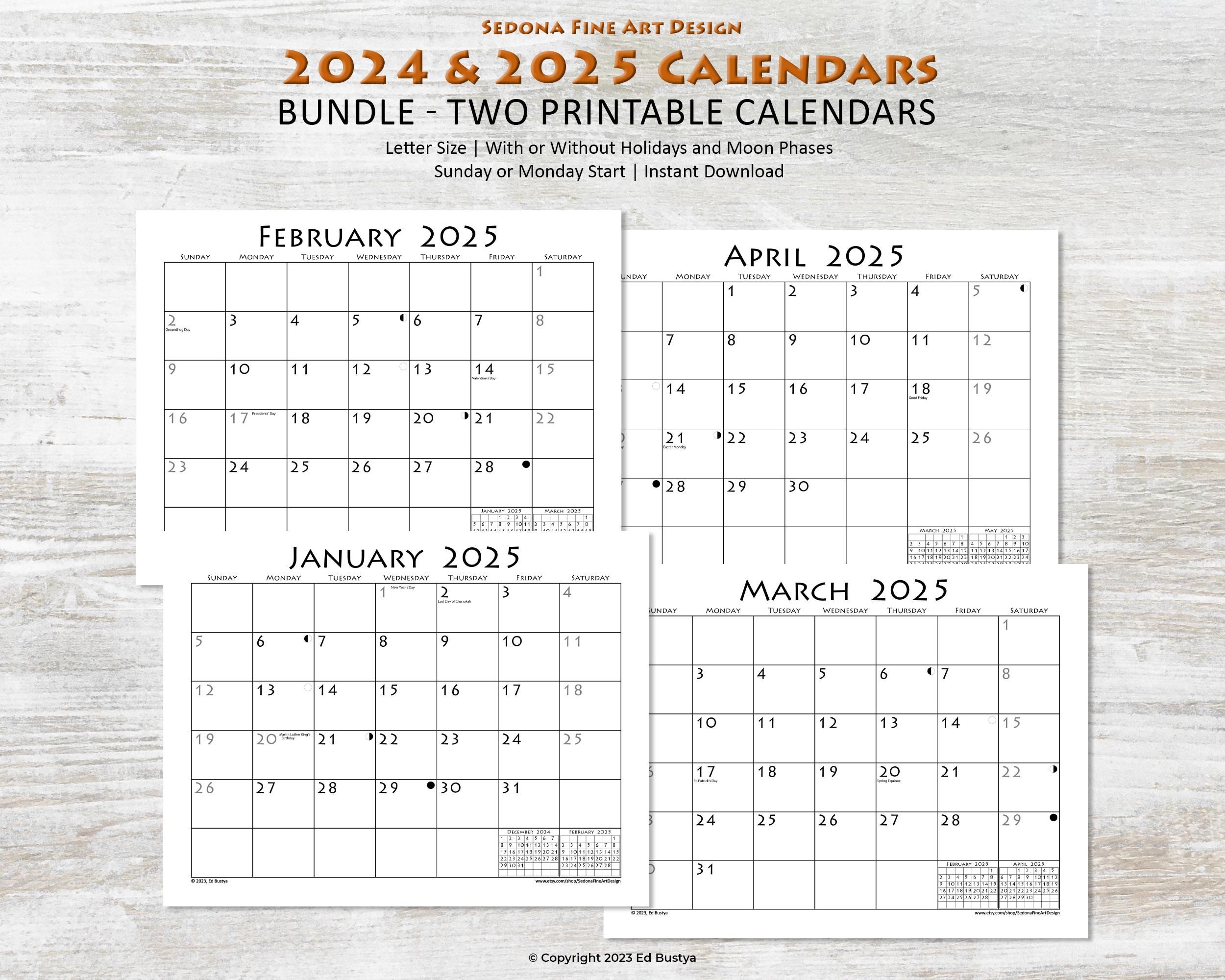 2024 and 2025 Blank Calendars, Sunday-start or Monday-start, With ...