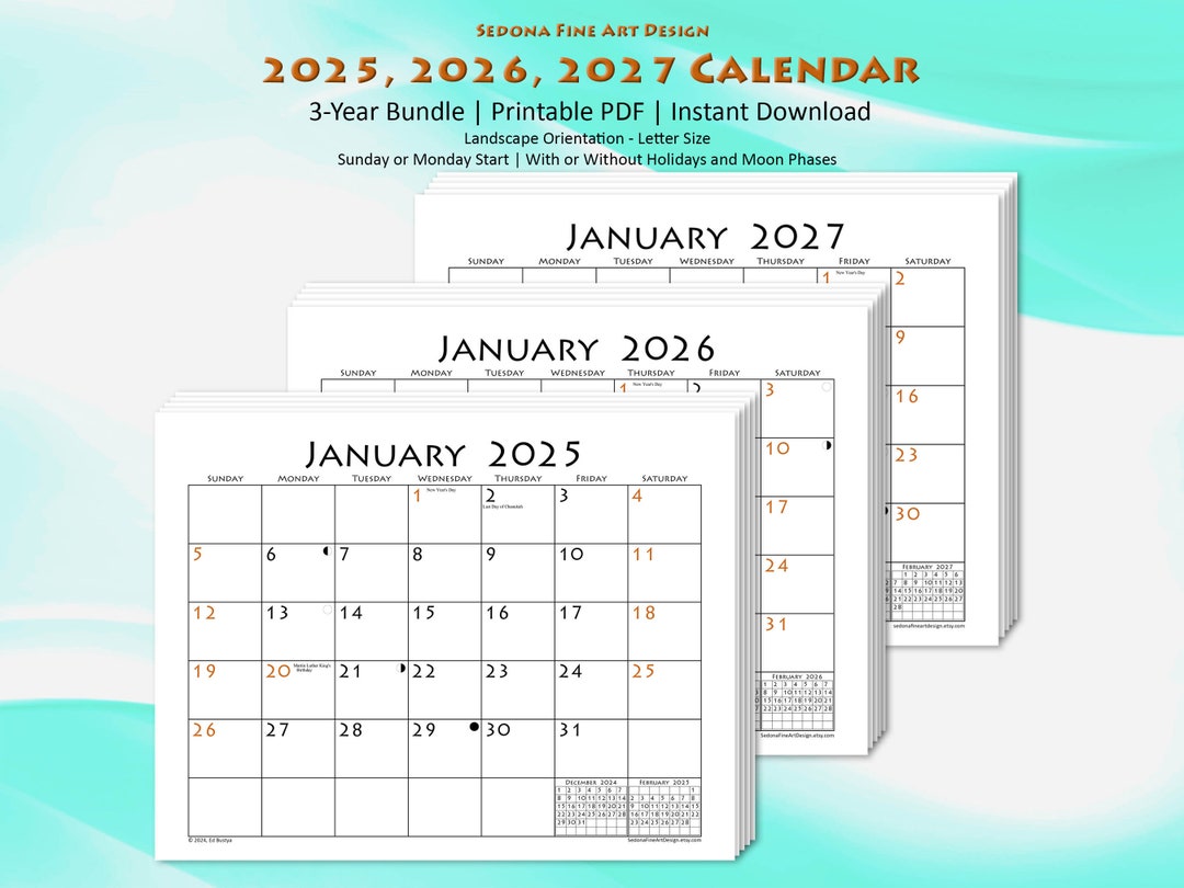 2025 2026 2027 Monthly Calendars - Three Years - Sunday or Monday Start ...