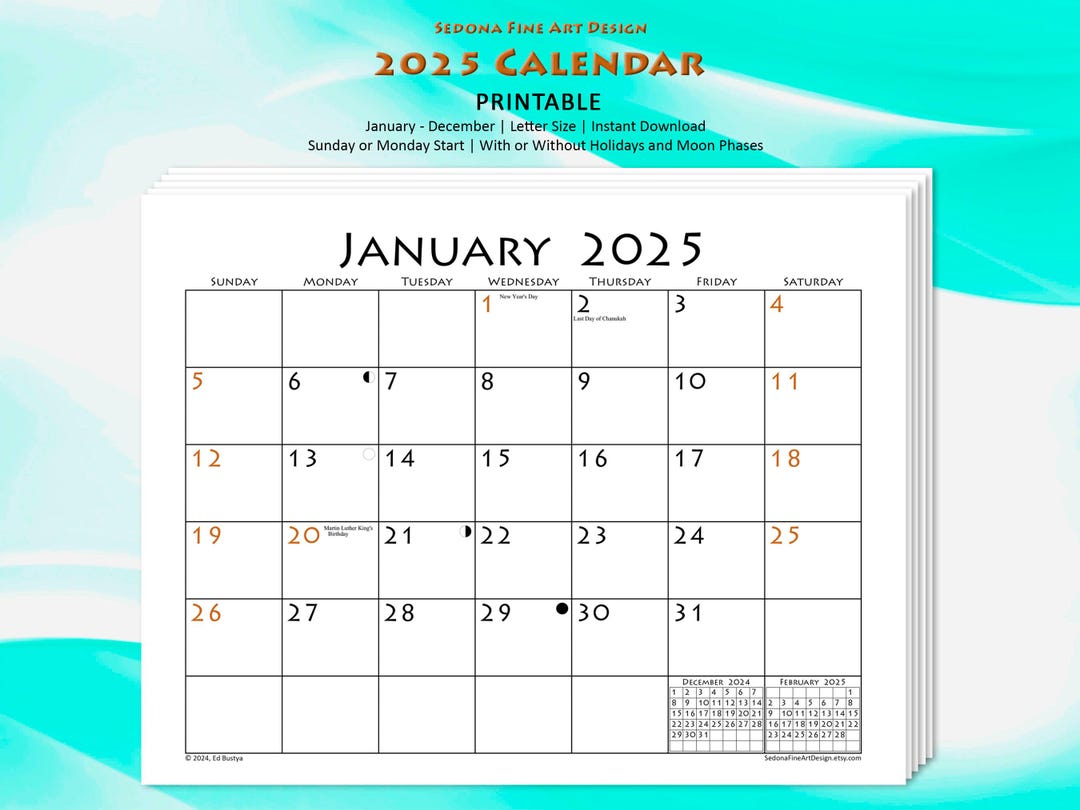 2025 Monthly Printable Calendar for Planners, Desktop, or Wall - Sunday ...