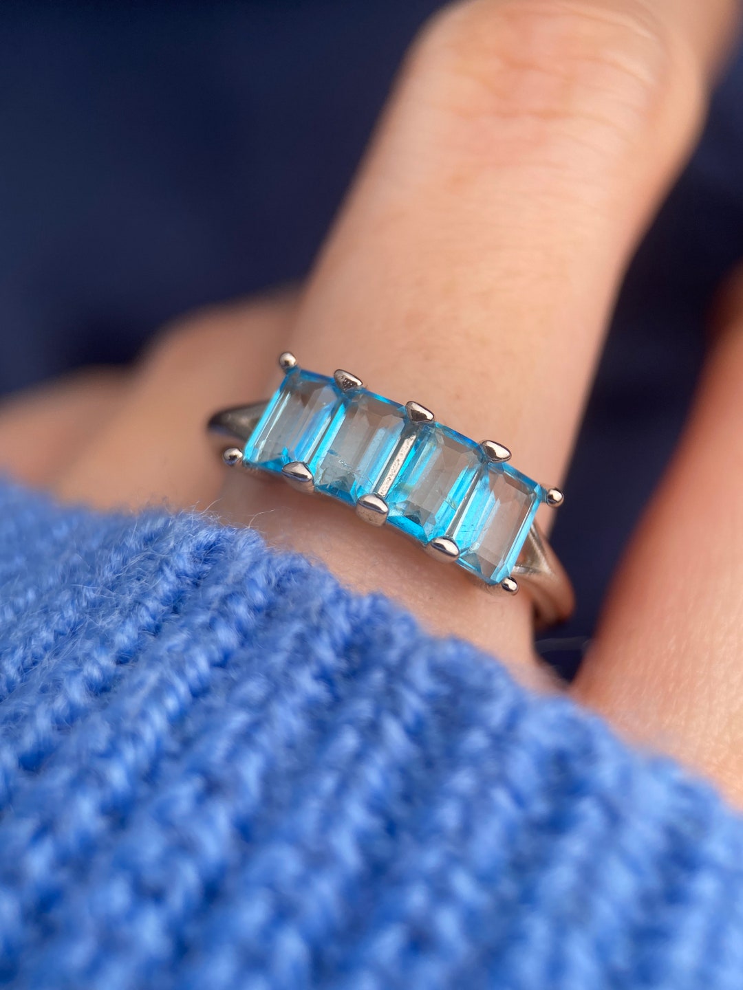 Emerald Cut Blue Topaz Eternity Band, Multistone Ring, Four Gems Ring ...