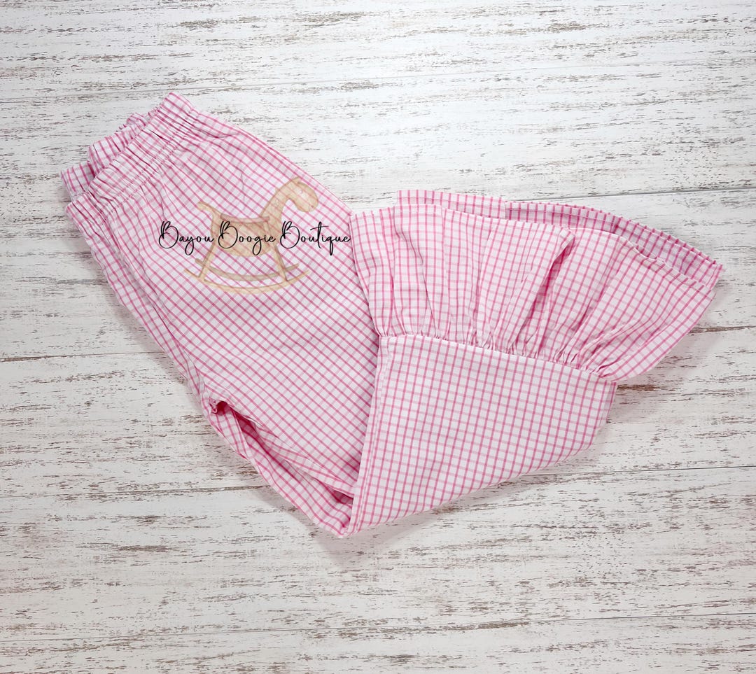 Girls Pink Ruffle Pants, Gingham Fabric, Embroidery Outfit, Princess ...