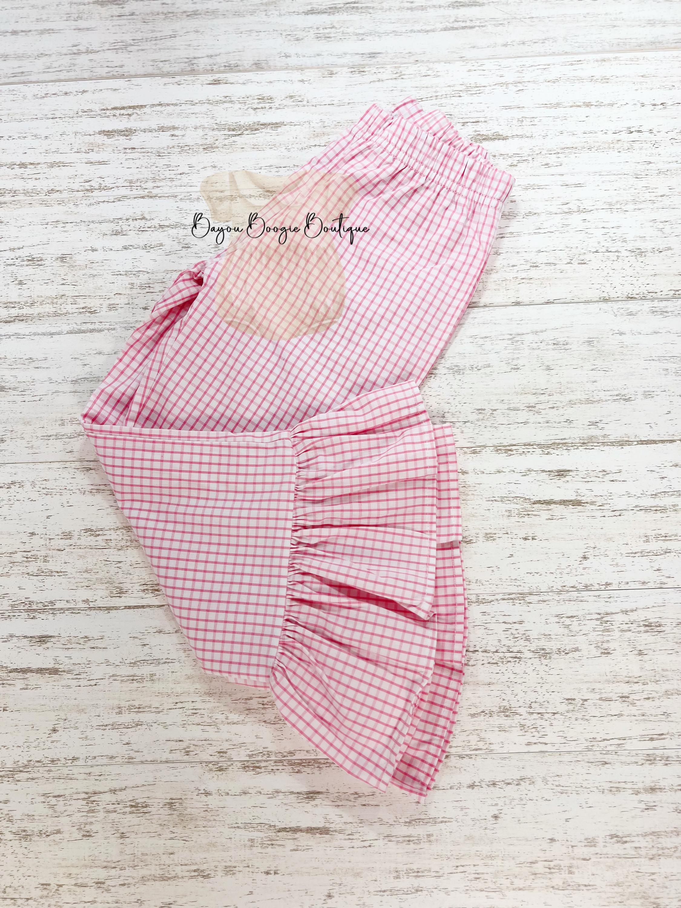Girls Pink Ruffle Pants, Gingham Fabric, Embroidery Outfit, Princess ...