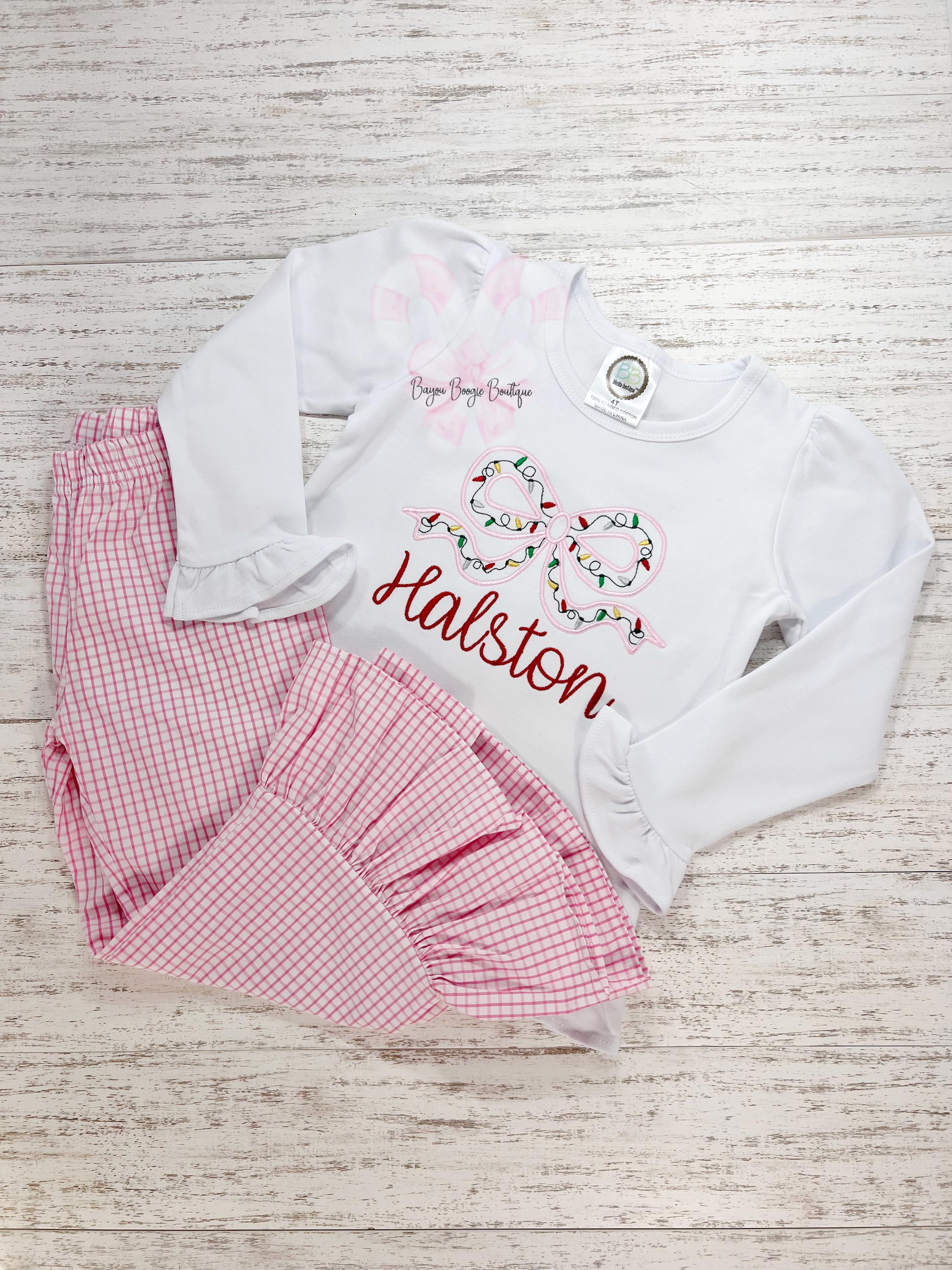 Girls Pink Ruffle Pants, Gingham Fabric, Embroidery Outfit, Princess ...