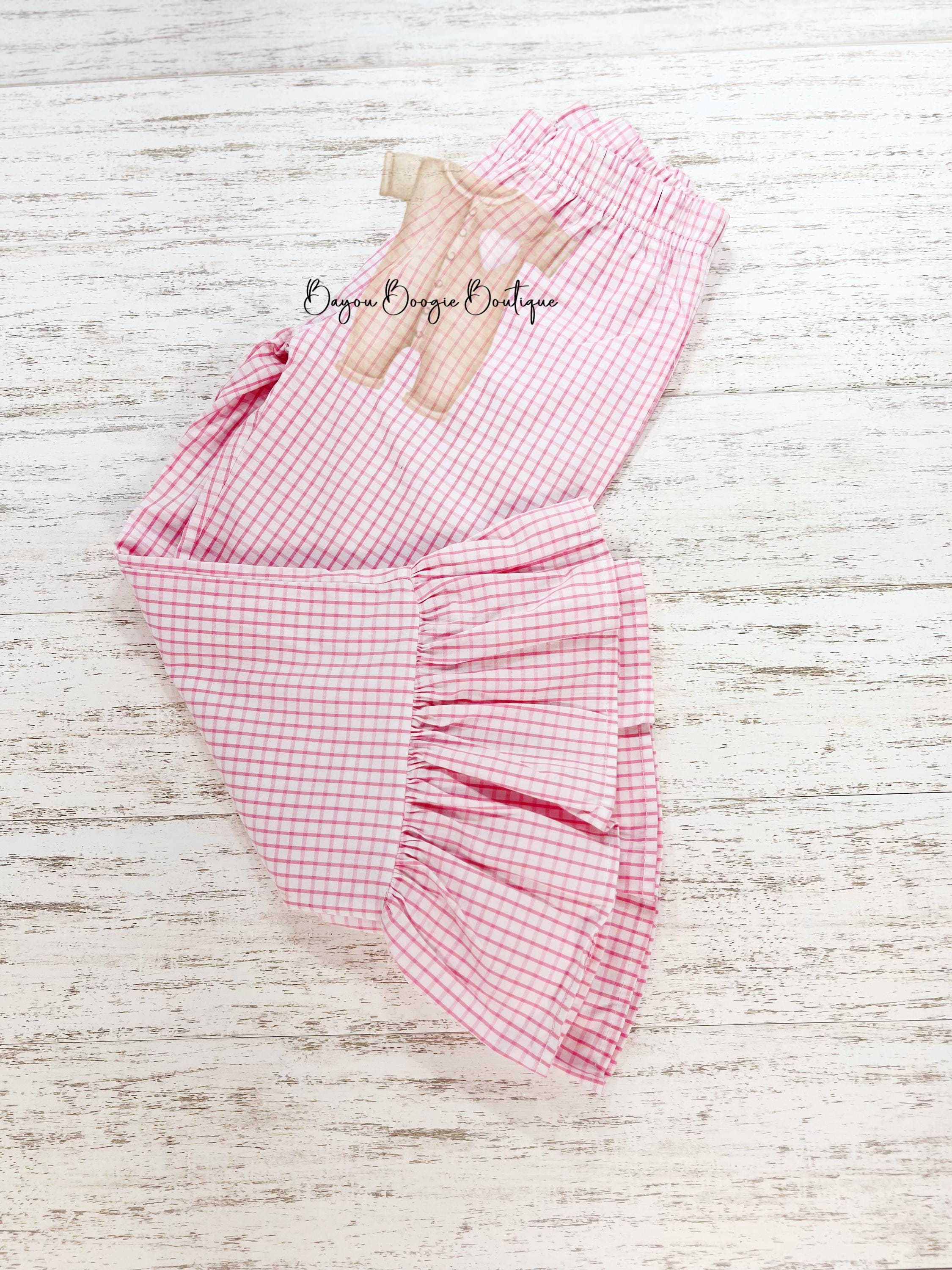 Girls Pink Ruffle Pants, Gingham Fabric, Embroidery Outfit, Princess ...