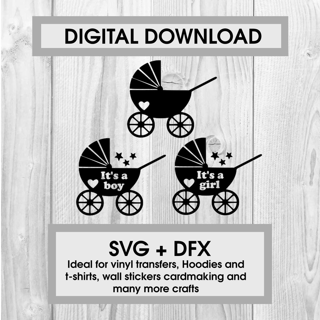 New Baby Pram SVG & DFX Cutting File. Boy or Girl, Heart and Stars. T ...