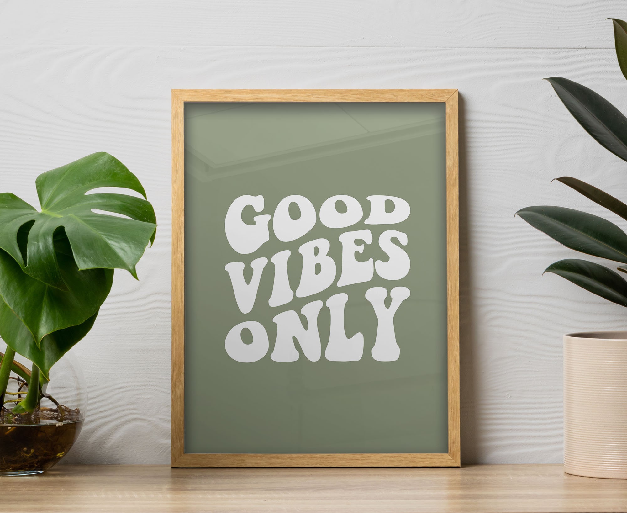 Sage Green Retro Style Bubble Wall Art Quote 'good Vibes Only' Poster ...