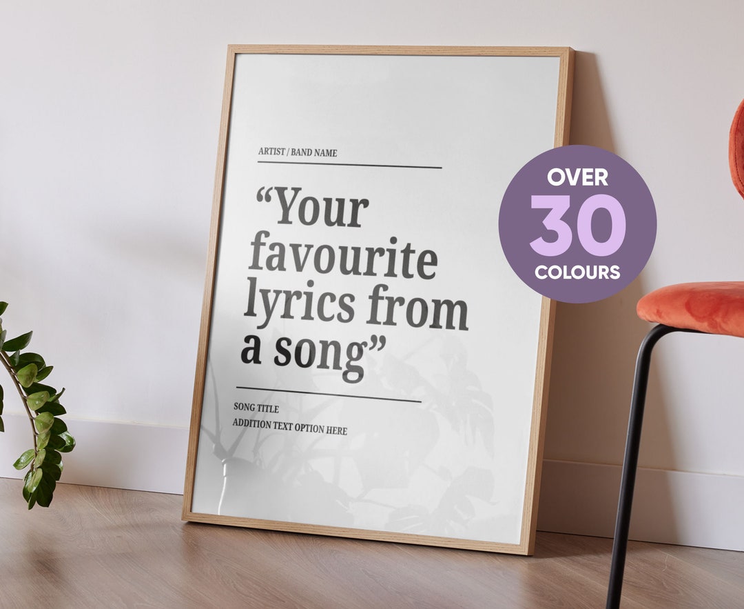 Custom Lyric Print - Your Colour - First Dance - Favourite Song Wall ...