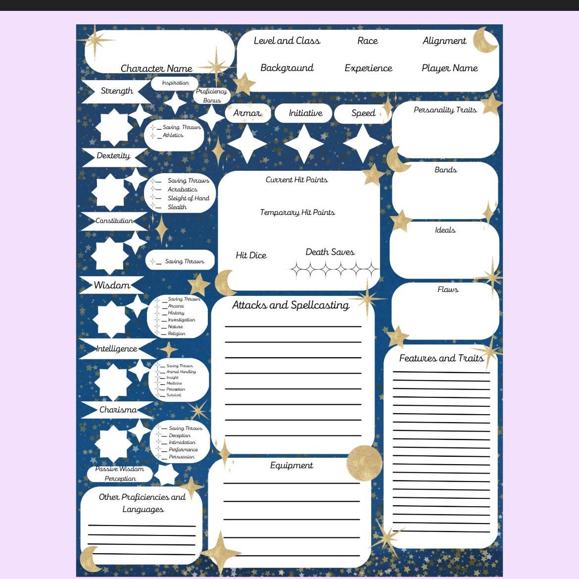 Enchanting Night Themed DND Character Sheet Printable Digital Download ...
