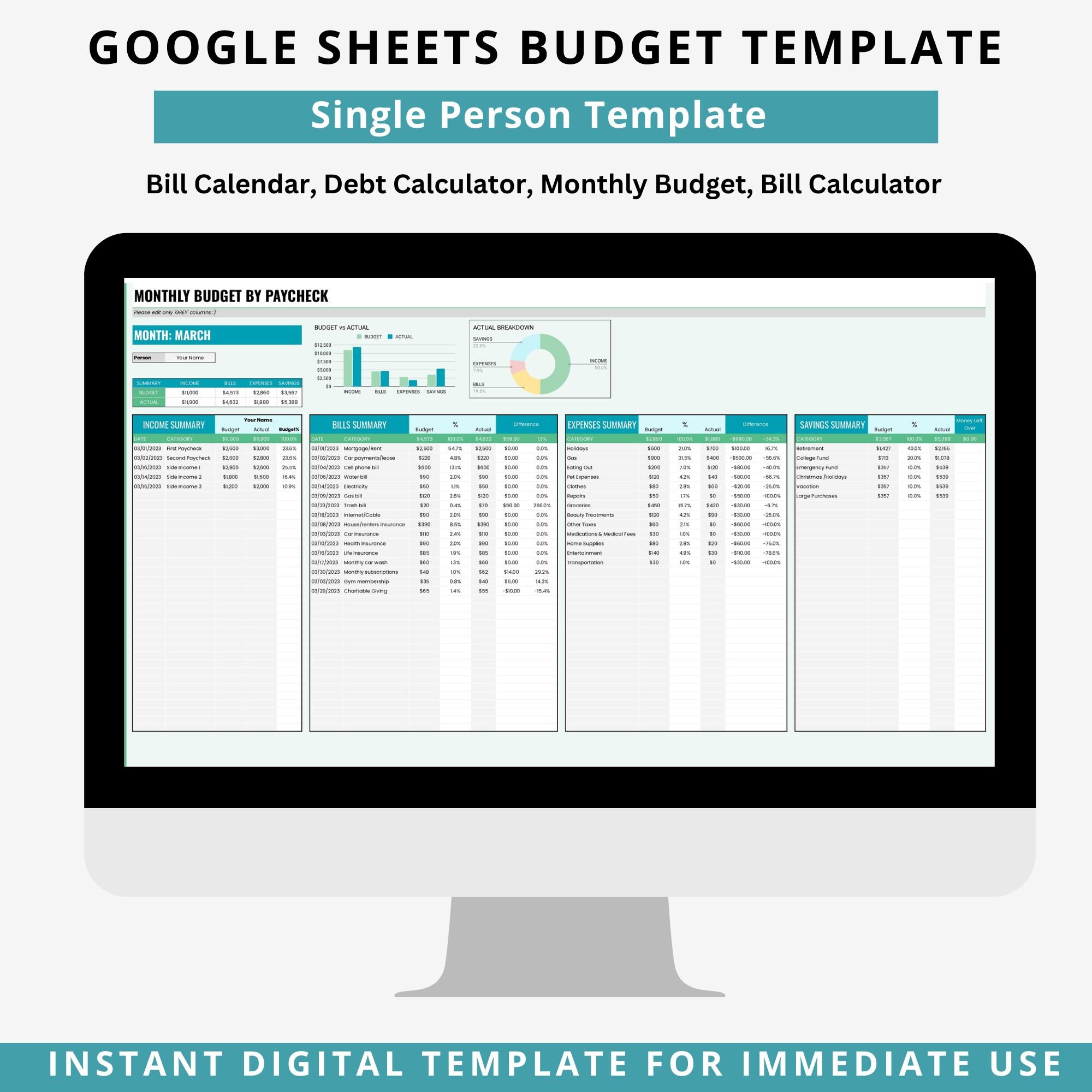 Google Sheets Monthly Budget Template, Pay by Paycheck Bill Tracker ...