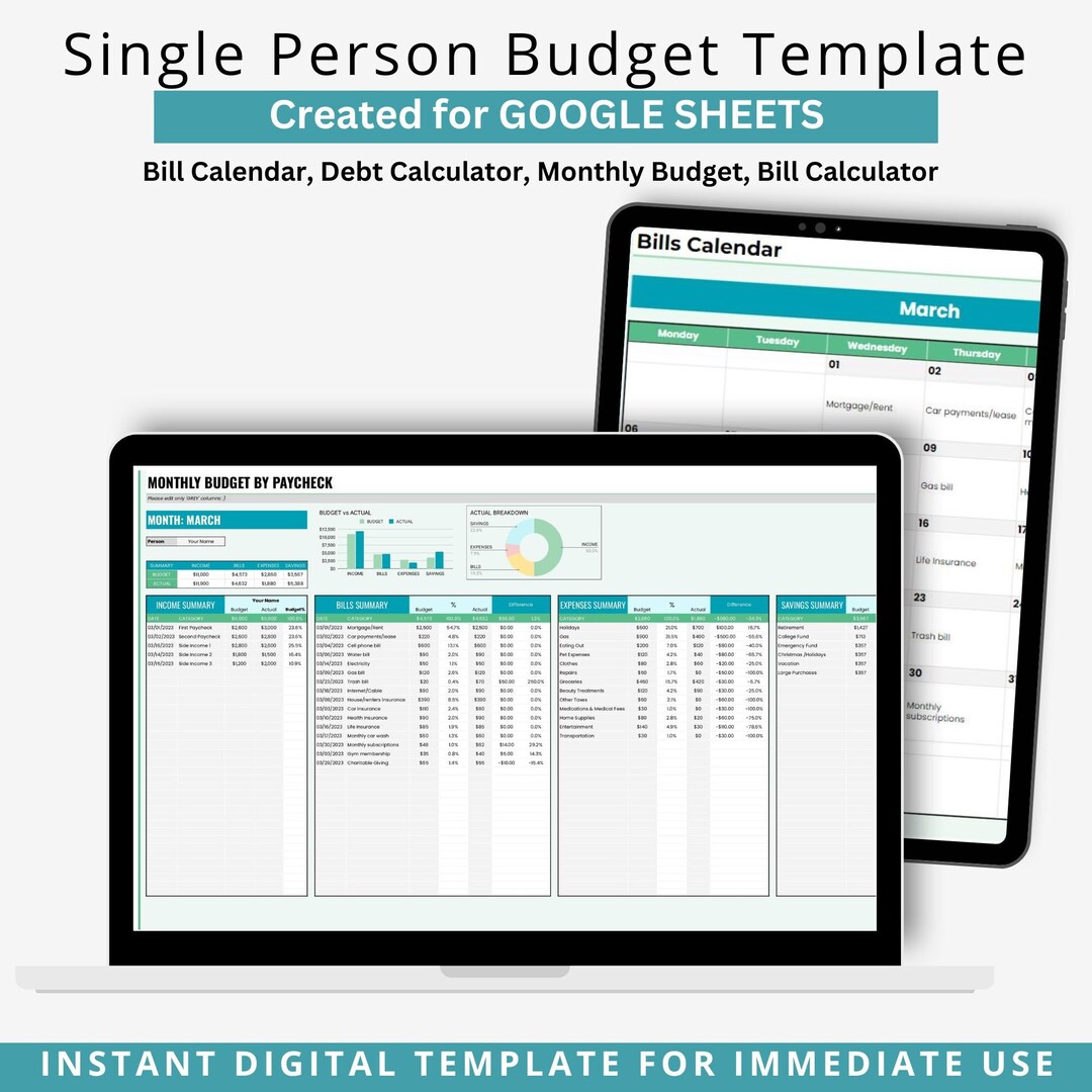 Google Sheets Monthly Budget Template, Pay by Paycheck Bill Tracker ...