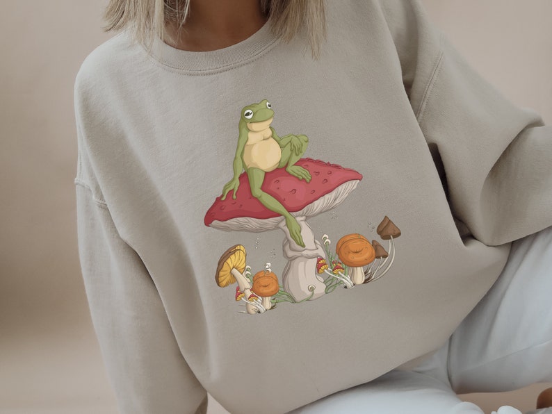 Womens Cottagecore Sweatshirt Frog And Mushroom Shirting
