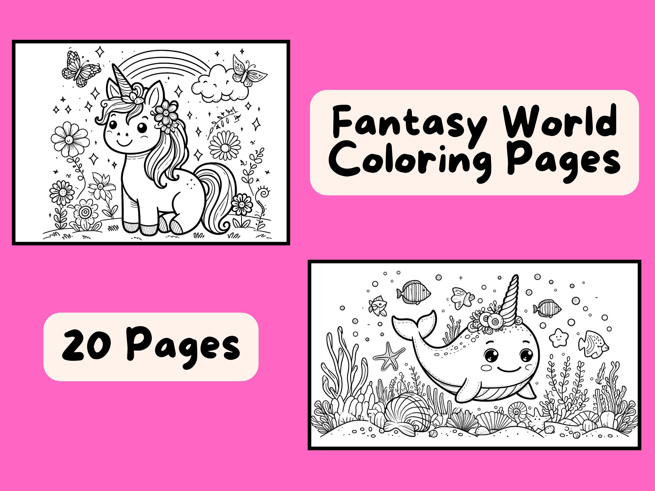 Fantasy Coloring Book Pages for Kids: Magical Unicorns, Happy Birds ...