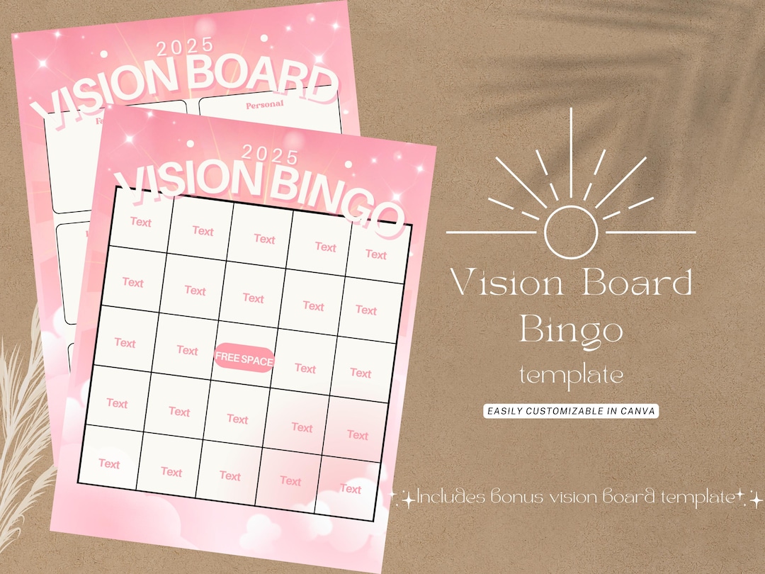 Vision Board Bingo Card: Pink Clouds Printable (canva Template) - Etsy