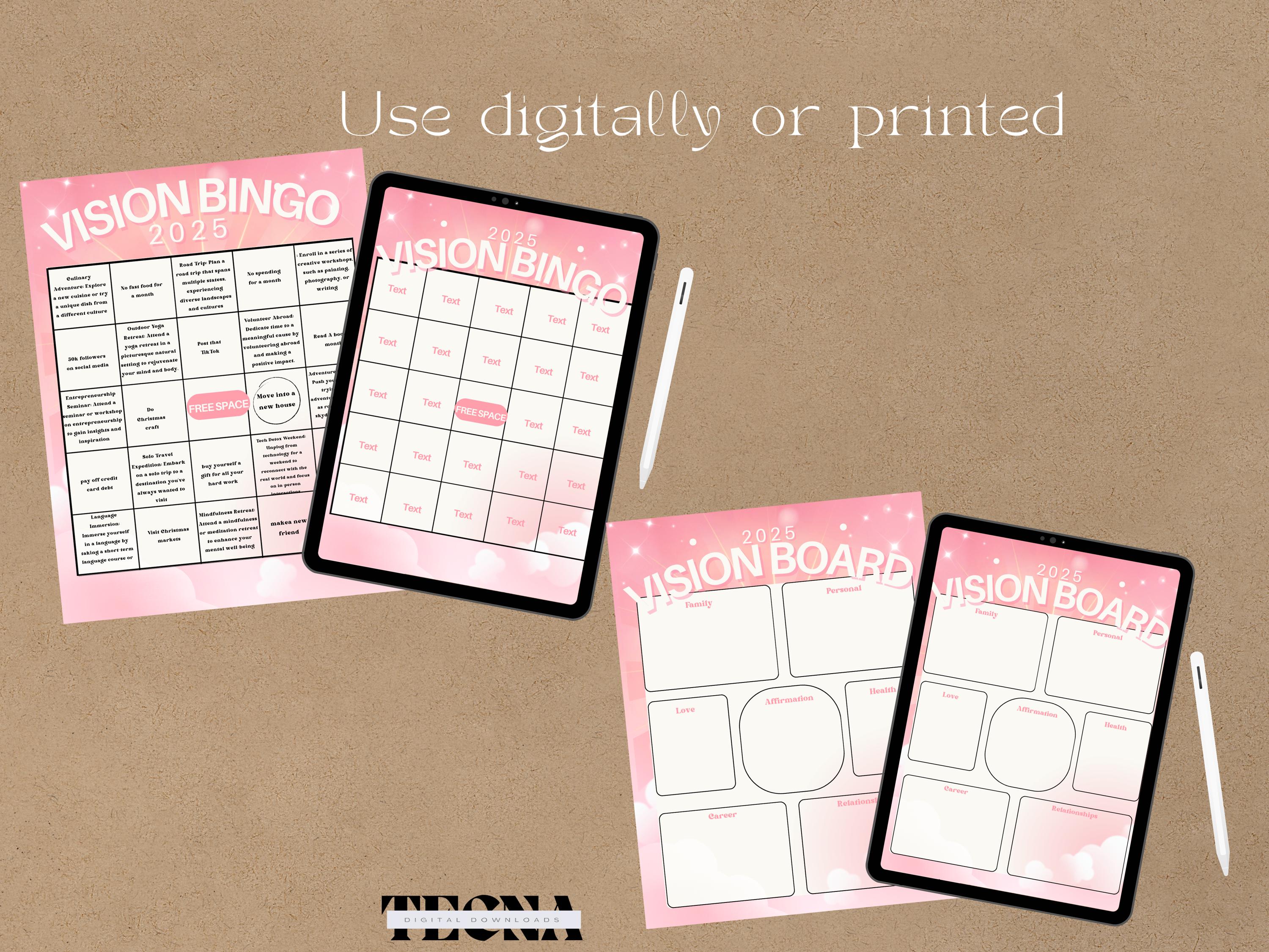 Vision Board Bingo Card, Pink Clouds Bingo Card,simple Pink Vision ...