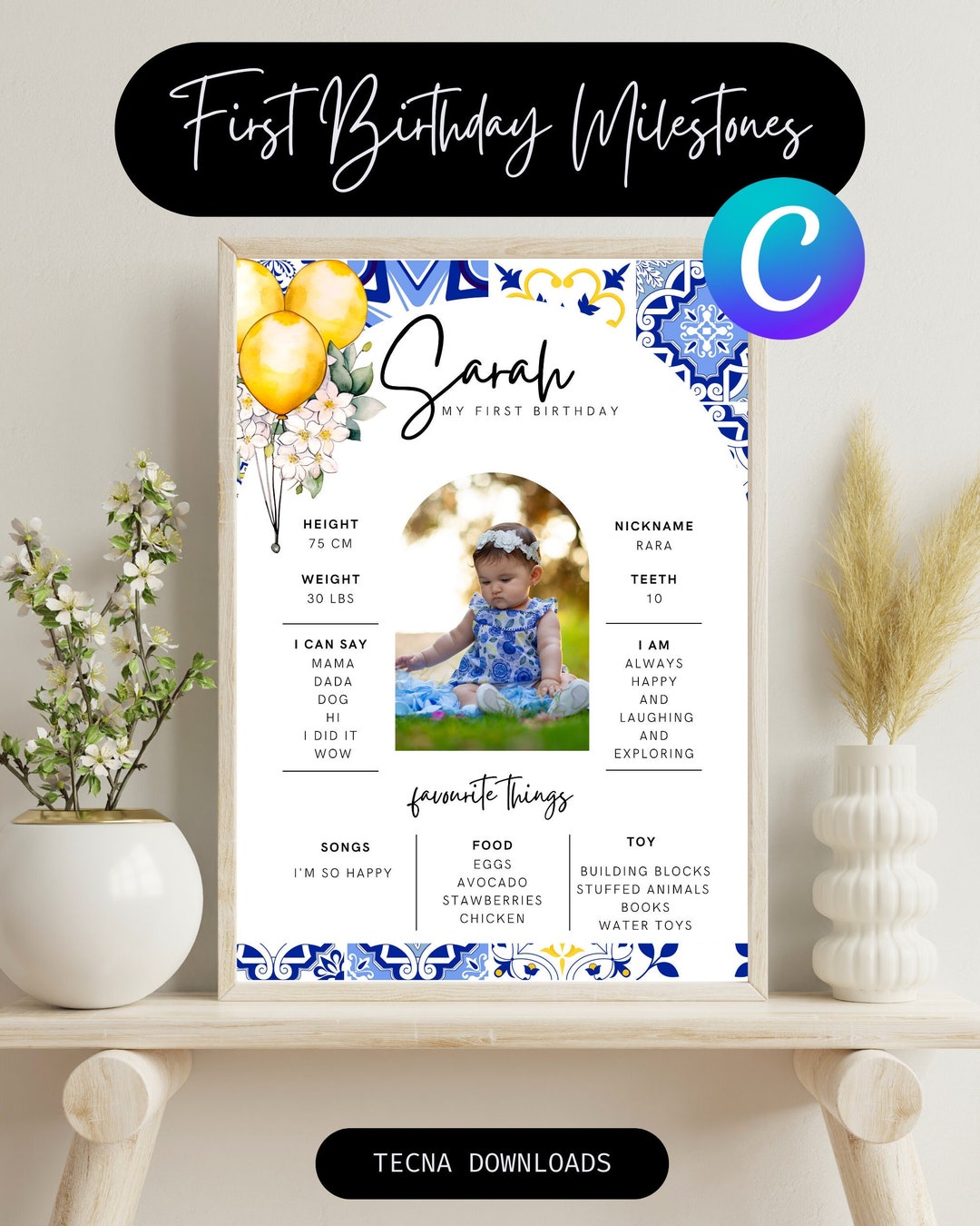 First Birthday Milestone Board Template, Blue Tiles Lemon Milestone ...