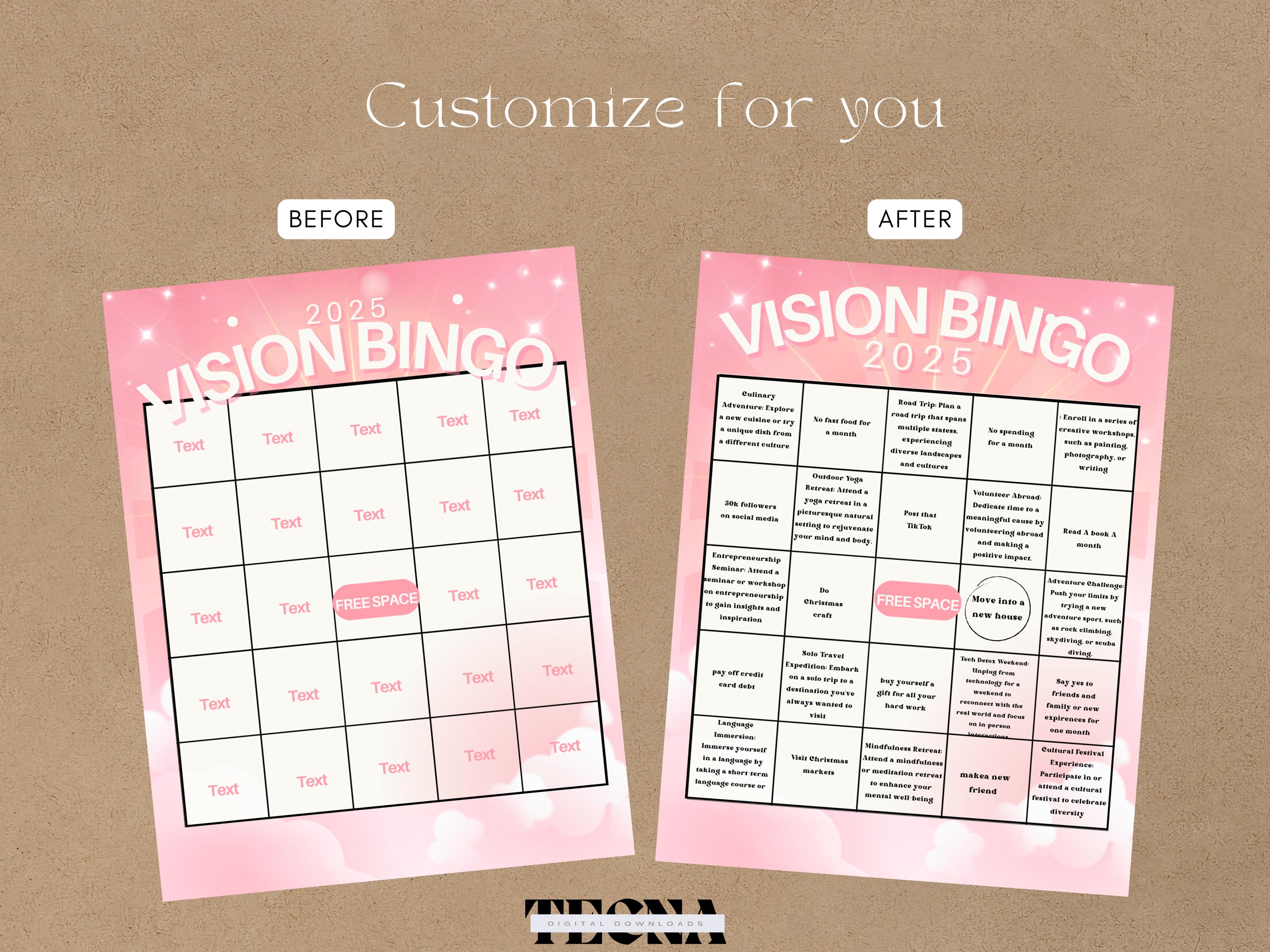 Vision Board Bingo Card, Pink Clouds Bingo Card,simple Pink Vision ...