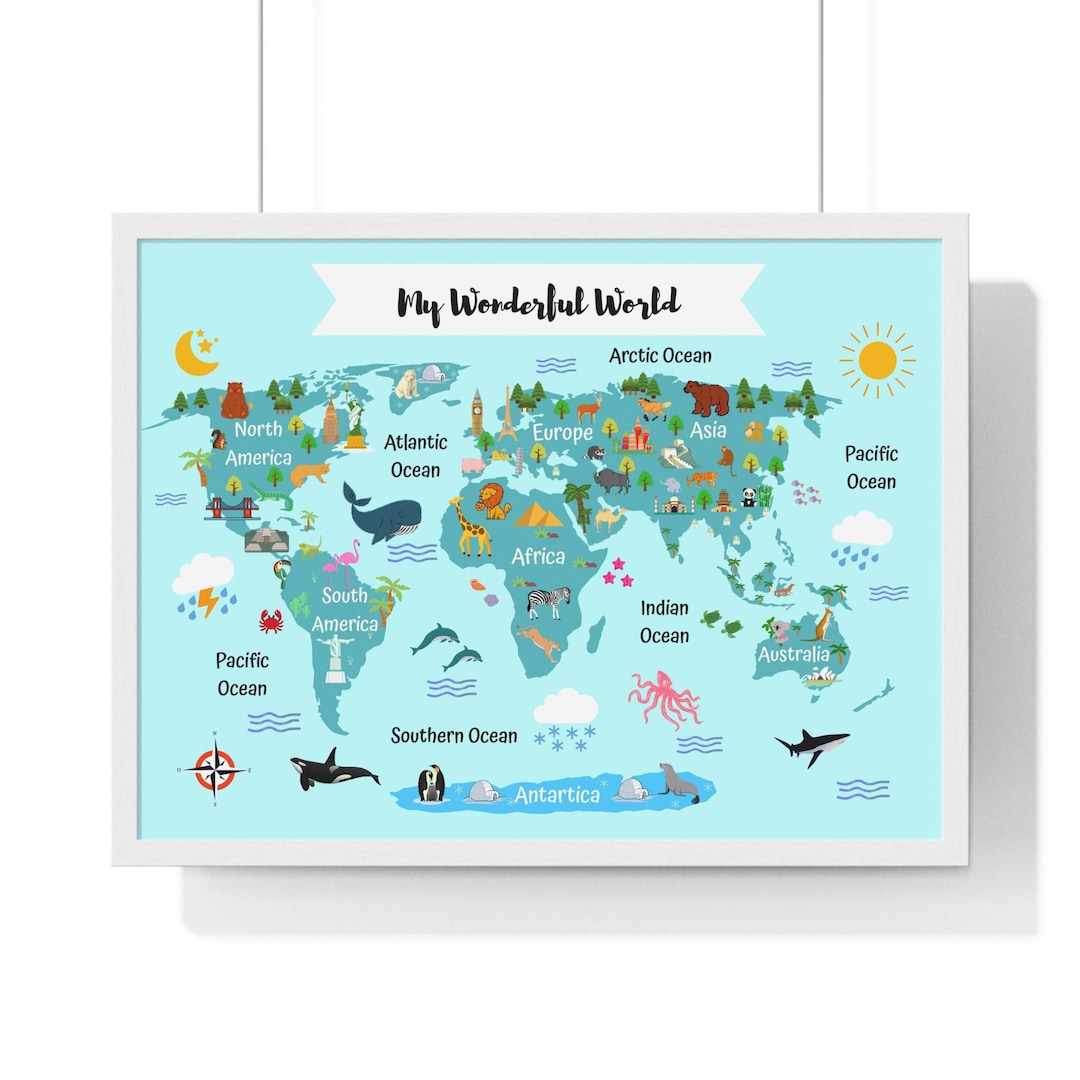 Map Classroom World Poster, Kids Nursery Decor, Animal Print, Soft ...