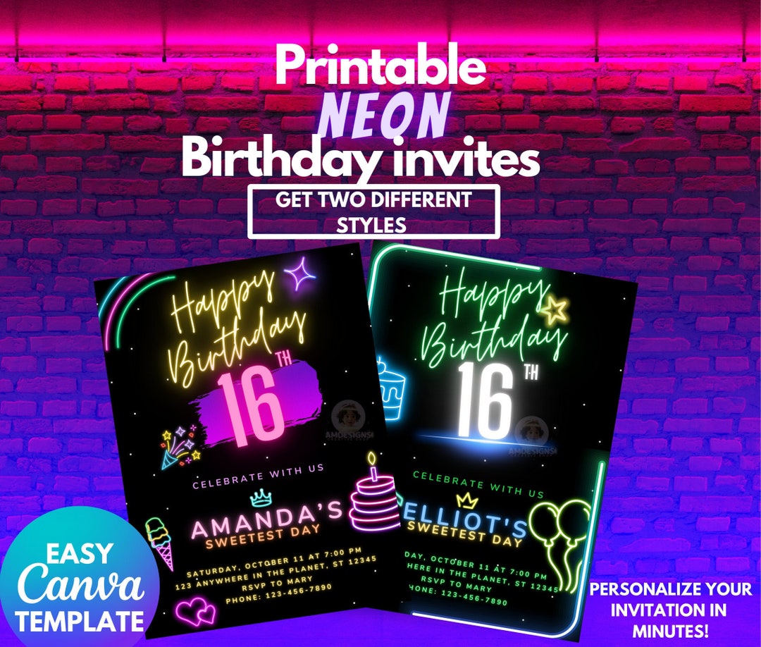 NEON Birthday Invite. Neon Party Invite . Neon Digital Invite. - Etsy