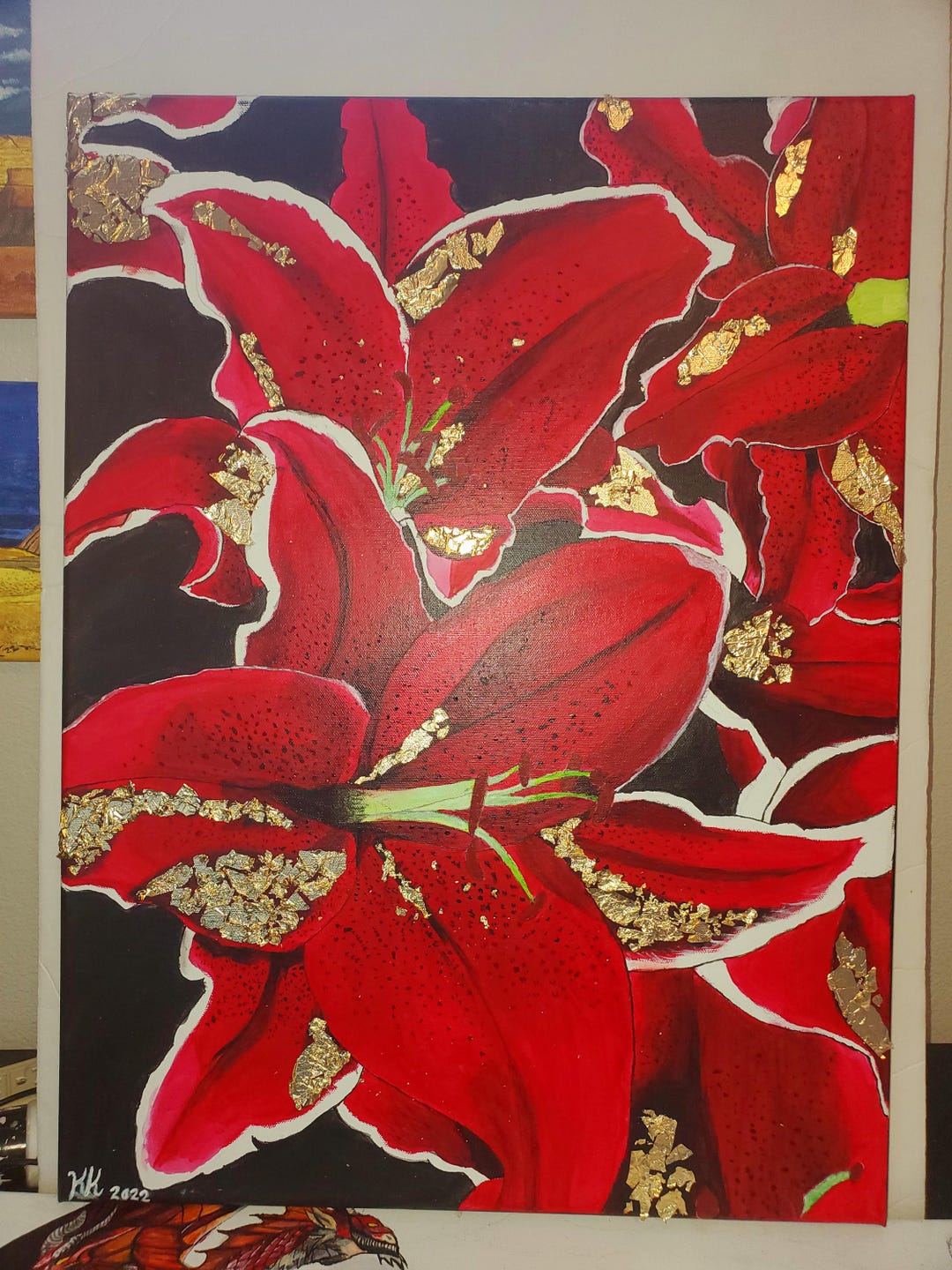 Red Lily Flower Painting Original With Gold Foil - Etsy