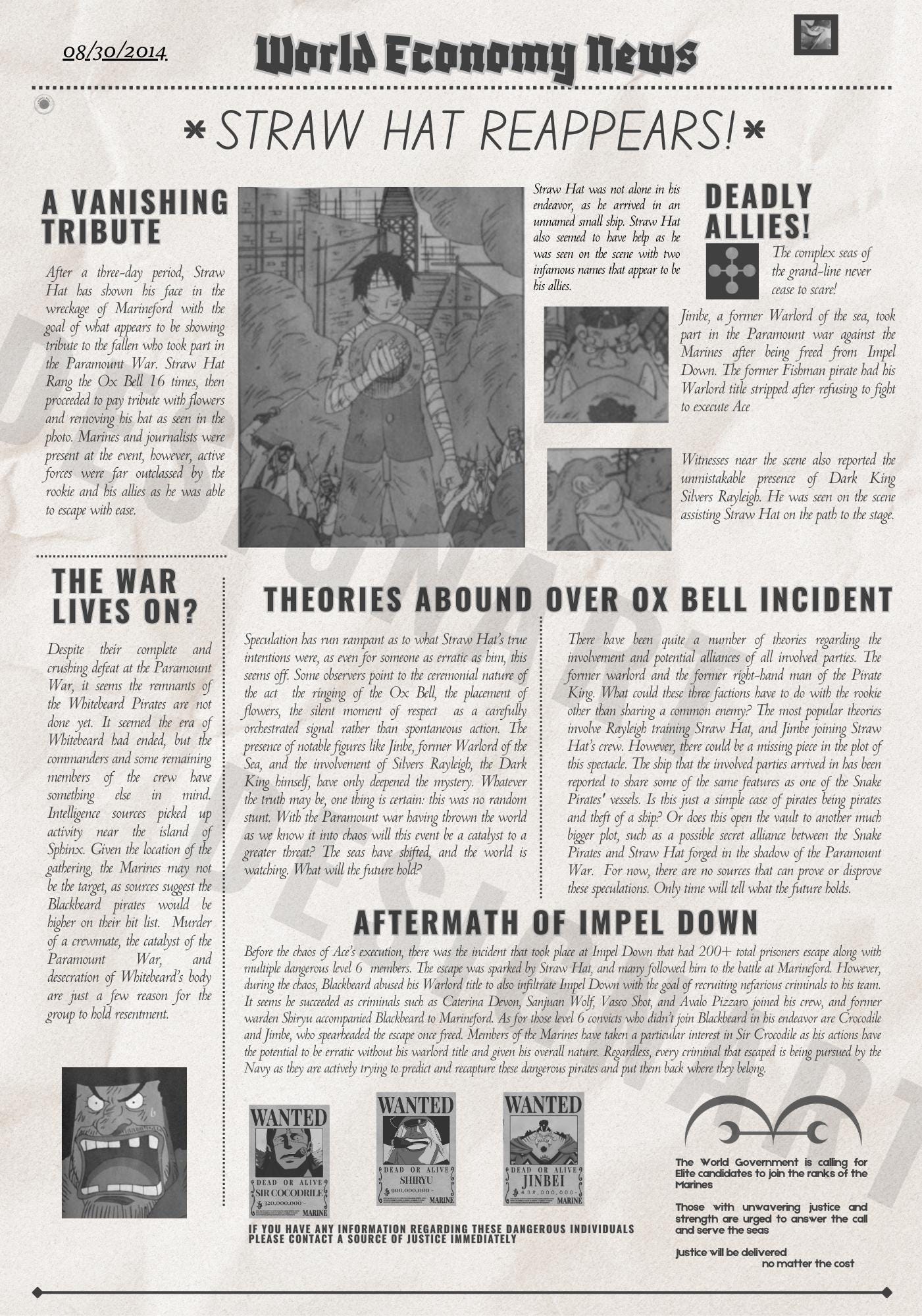 One Piece Wanted Poster Newspaper Digital Download, Luffy Marineford Ox ...