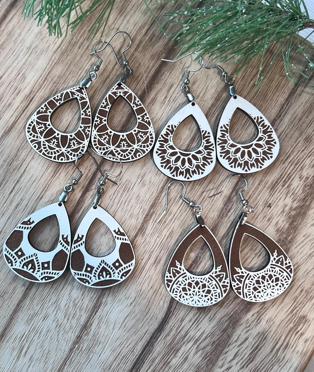 Earrings, Mandala Tear Drop Earrings, Mandala Design, Wooden Earrrings ...