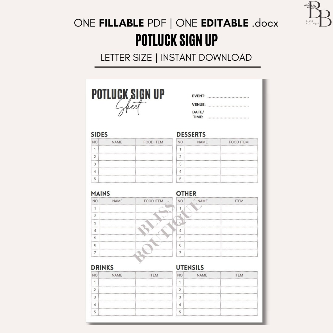 Potluck Sign up Sheet- Fillable PDF, Editable .docx, & Printable ...