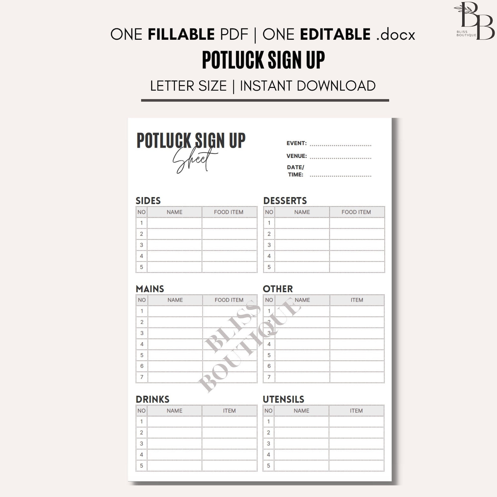 Potluck Sign up Sheet- Fillable PDF, Editable .docx, & Printable ...