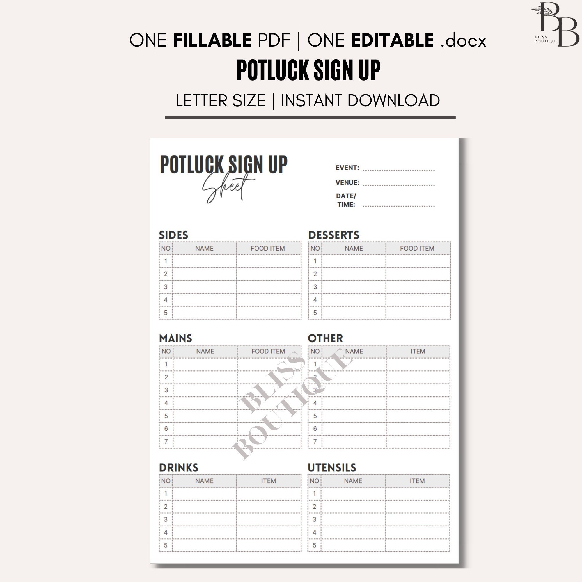 Potluck Sign up Sheet- Fillable PDF, Editable .docx, & Printable ...