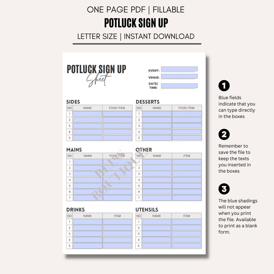 Potluck Sign up Sheet- Fillable PDF, Editable .docx, & Printable ...
