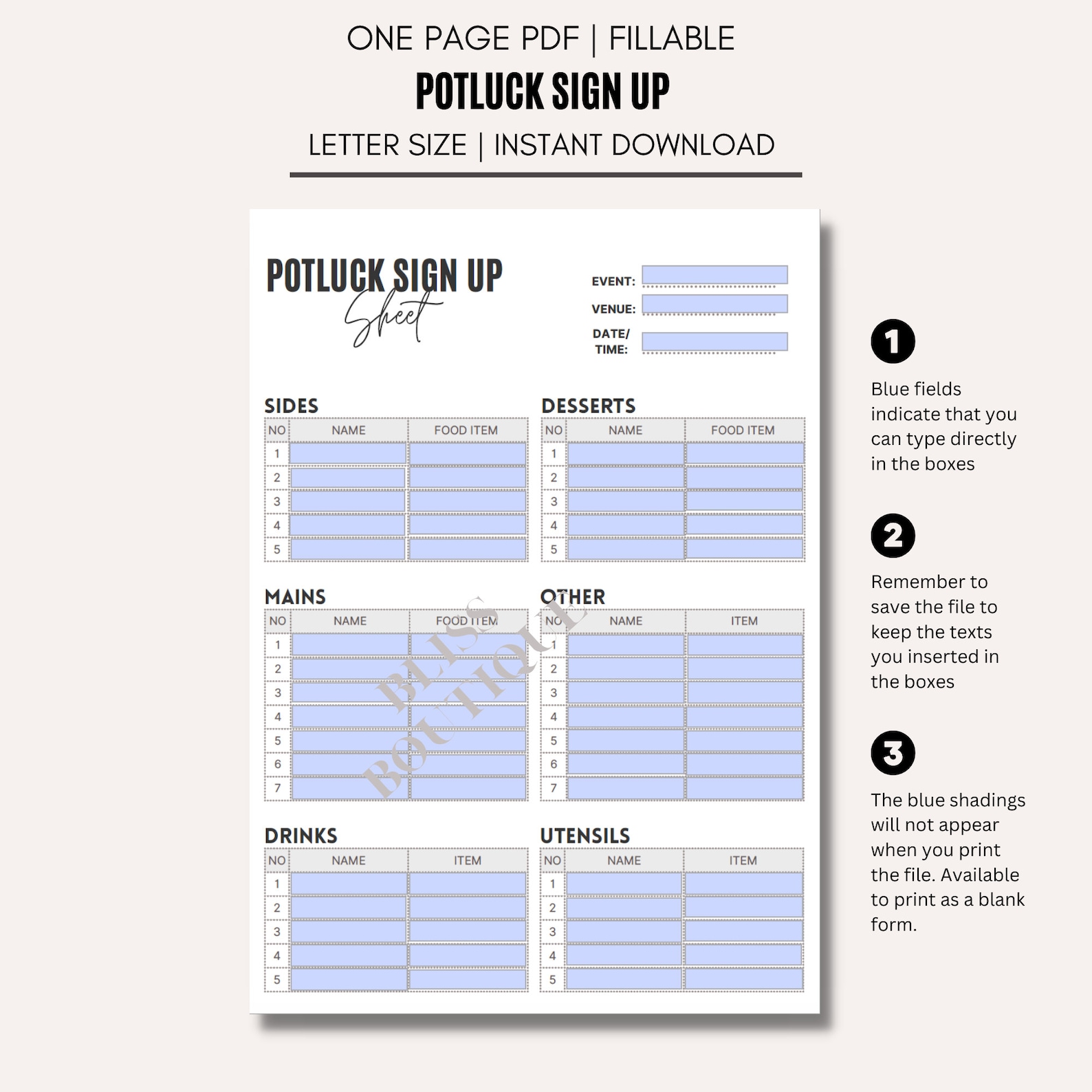 Potluck Sign up Sheet- Fillable PDF, Editable .docx, & Printable ...