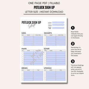 Potluck Sign up Sheet- Fillable PDF, Editable .docx, & Printable ...
