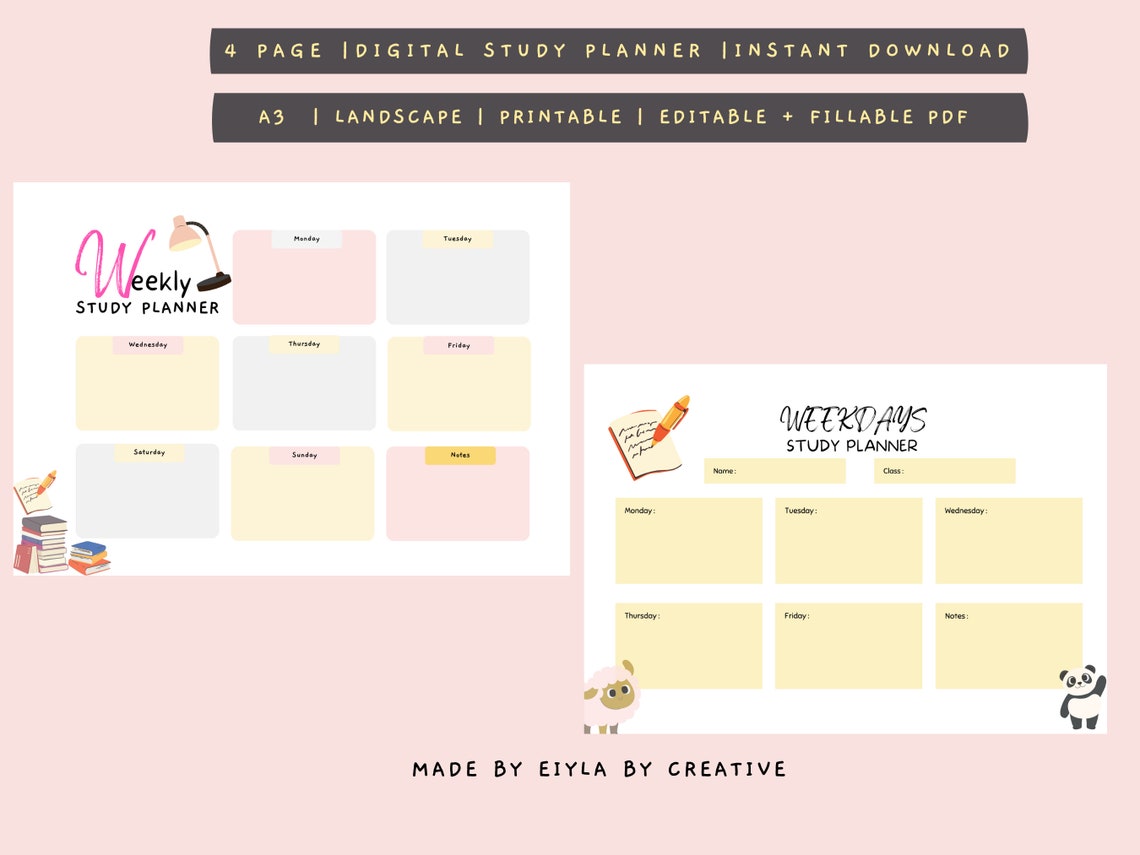 4 Page of Digital Study Planner/ Class Schedule / Printable Planner ...