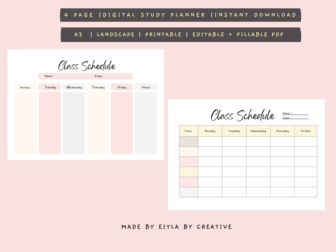 4 Page of Digital Study Planner/ Class Schedule / Printable Planner ...