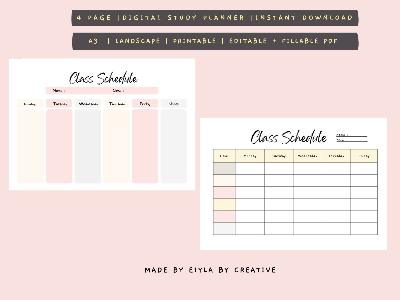 4 Page of Digital Study Planner/ Class Schedule / Printable Planner ...