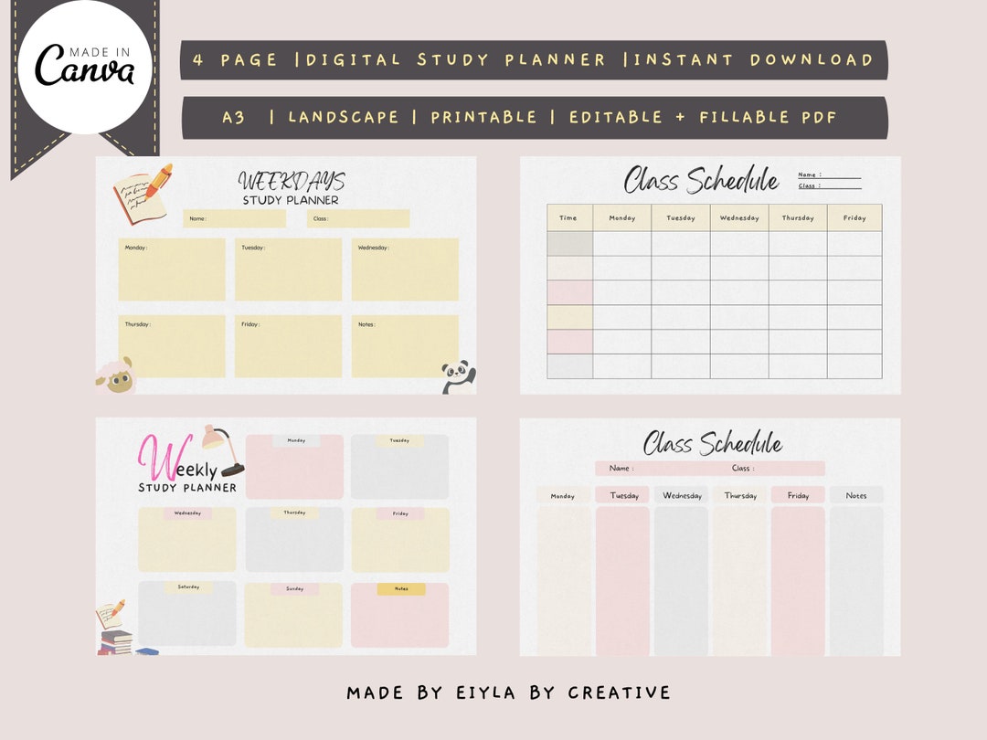4 Page of Digital Study Planner/ Class Schedule / Printable Planner ...