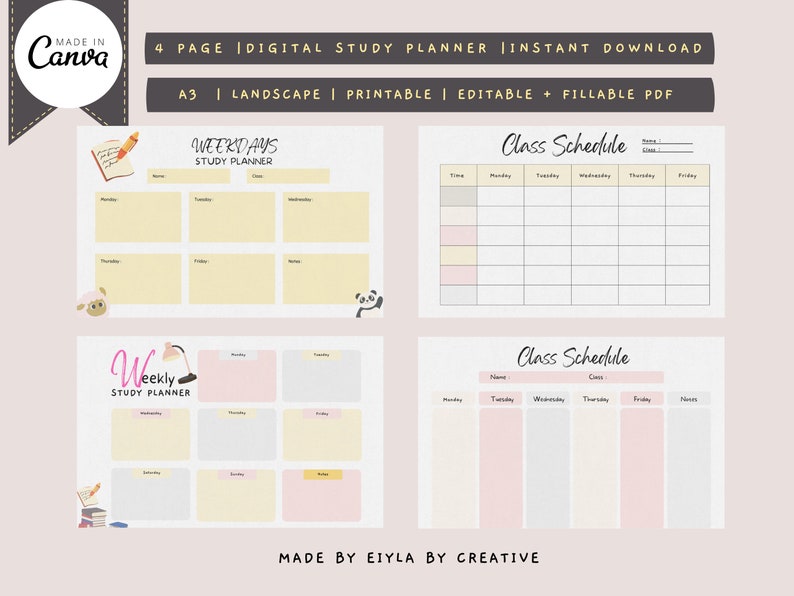 4 Page of Digital Study Planner/ Class Schedule / Printable Planner ...