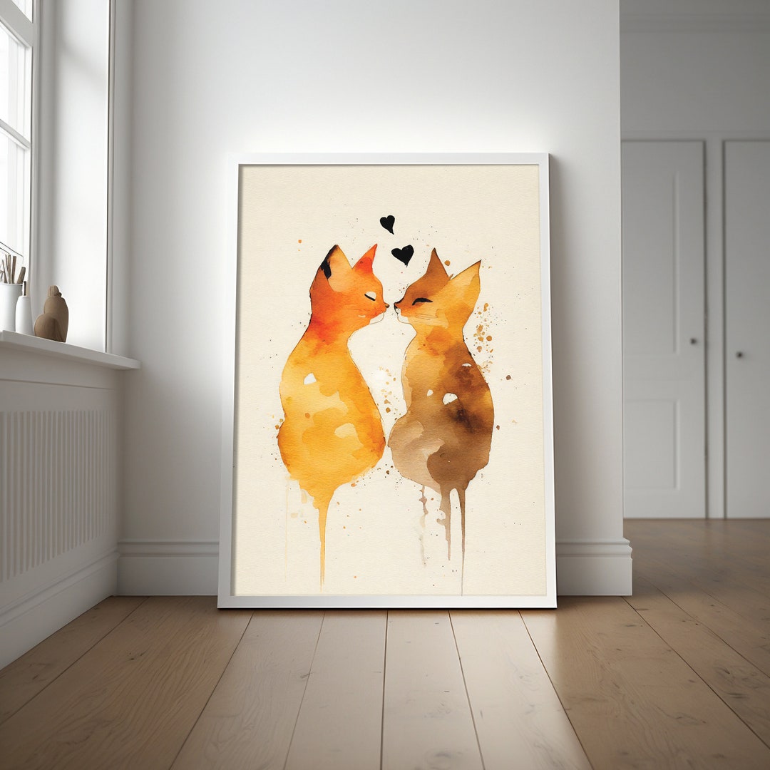 Cats in Love, Cat Poster, Bedroom, Living Room, Abstract Wall Art ...