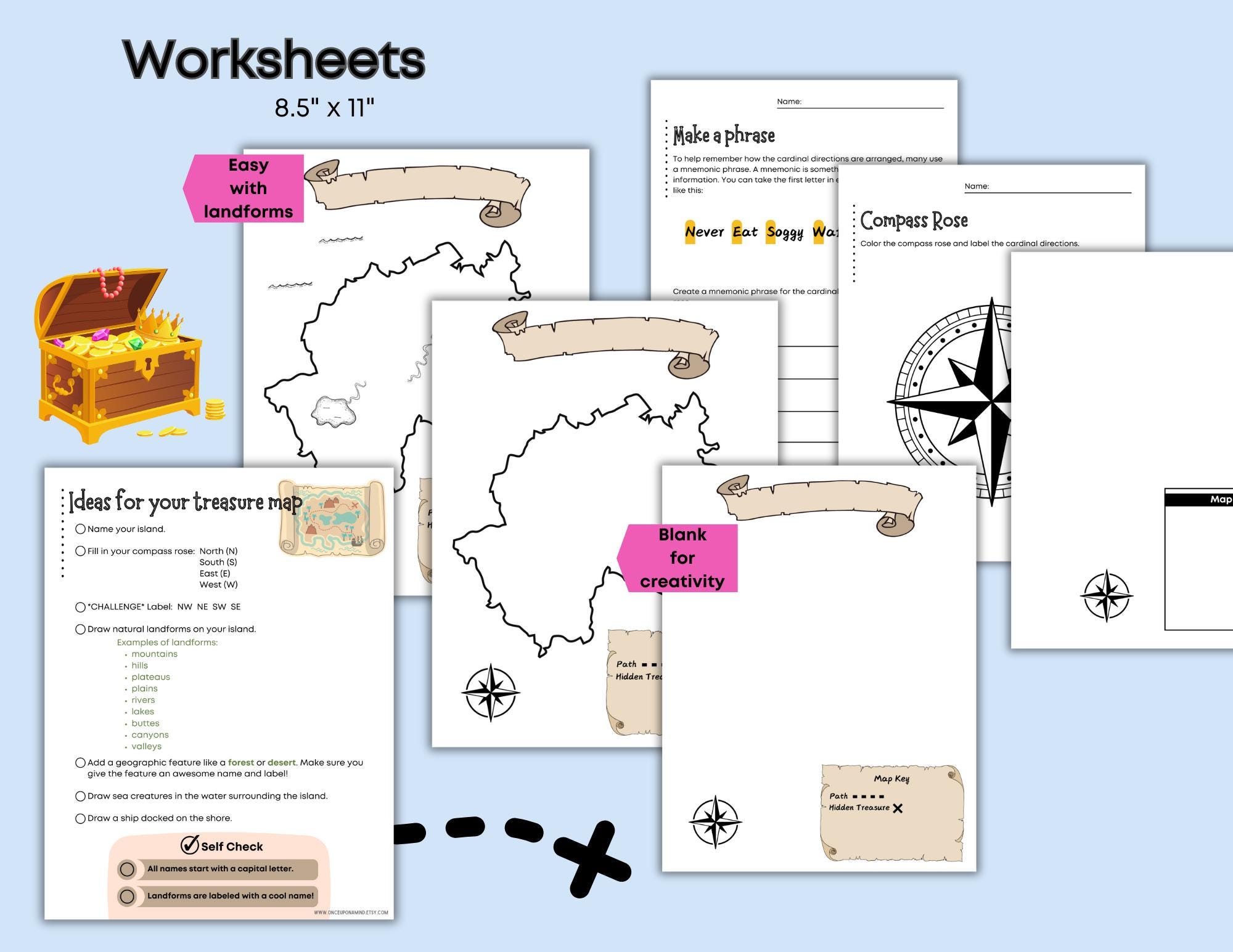 Geography Map Skills and Landform Word Wall, Compass Rose, Treasure Map ...